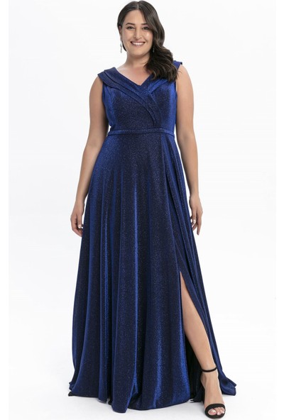 V Yaka Simli Yırtmaçlı Volanlı Büyük Beden Abiye Saks V Yaka Simli Yırtmaçlı Volanlı Büyük Beden Abiye Saks