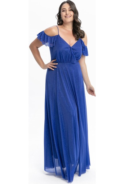 Düşük Kollu Askılı Büyük Beden Uzun Abiye Elbise Saks