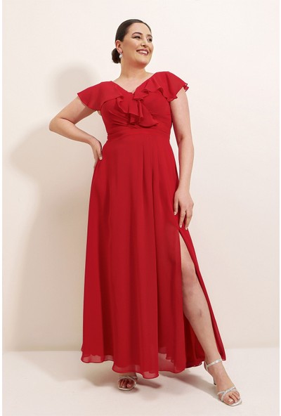 Volanlı Pileli Astarlı Uzun Şifon B.b. Elbise Kırmızı Volanlı Pileli Astarlı Uzun Şifon B.b. Elbise Kırmızı