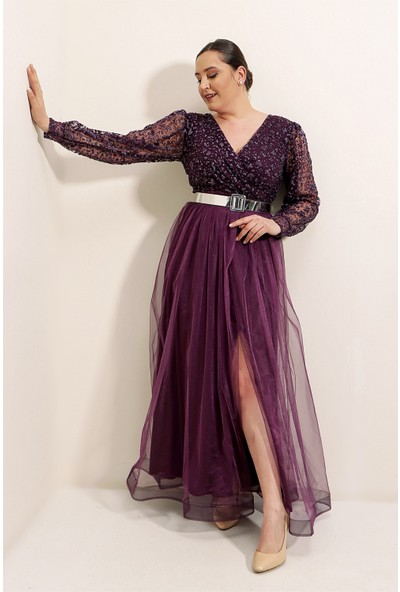 Beli Kemerli Astarlı Uzun Kol Büyük Beden Uzun Elbise Mor