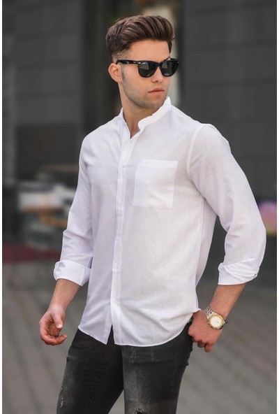 Madmext Erkek Beyaz Keten Düz Uzun Kollu Gömlek 5548 Madmext Erkek Beyaz Keten Düz Uzun Kollu Gömlek 5548