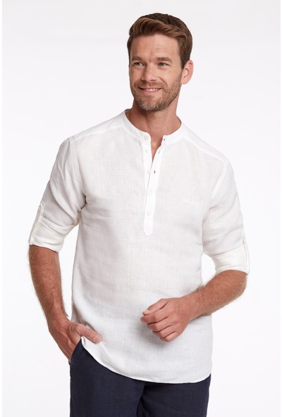 Hakim Yaka Saf Keten Beyaz Gömlek Hakim Yaka Saf Keten Beyaz Gömlek
