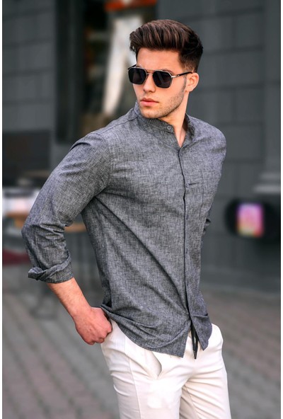 Madmext Erkek Siyah Keten Düz Uzun Kollu Gömlek 5548 Madmext Erkek Siyah Keten Düz Uzun Kollu Gömlek 5548