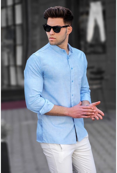 Madmext Erkek Mavi Keten Düz Uzun Kollu Gömlek 5548 Madmext Erkek Mavi Keten Düz Uzun Kollu Gömlek 5548
