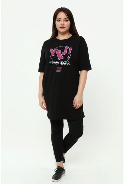 Siyezen Büyük Beden Yes Baskılı Tunik T-Shirt Siyah