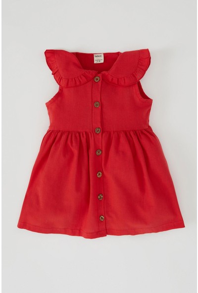 DeFacto Kız Bebek Regular Fit Büyük Yaka Kolsuz Keten Görünümlü Elbise Y0304A222SM