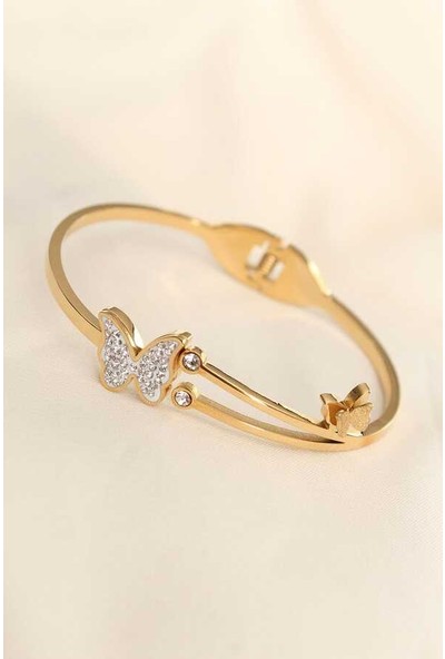 Clariss Çelik Altın Renk Taşlı Kelebek Detaylı Kelepçe Bilezik