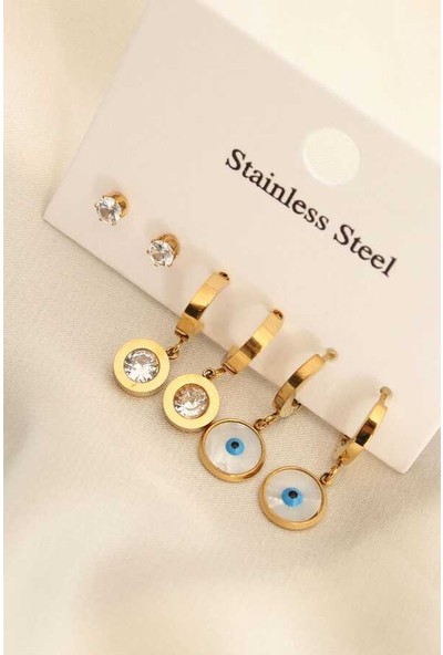 Clariss Çelik Gold Renk Taşlı ve Mineli Küpe Seti