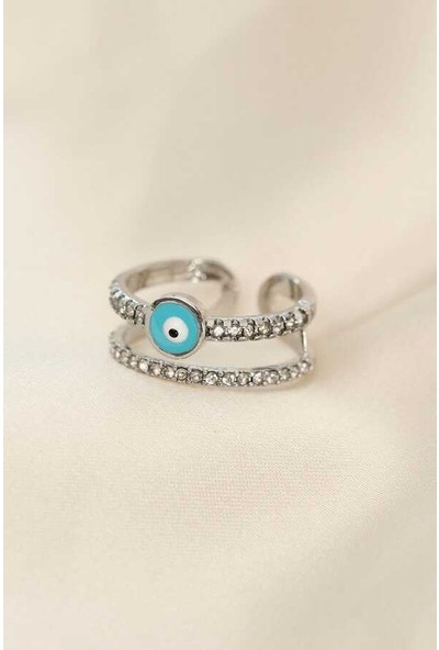 Ayarlamalı Silver Renk Nazar Boncuk Detay Zirkon Taşlı Yüzük