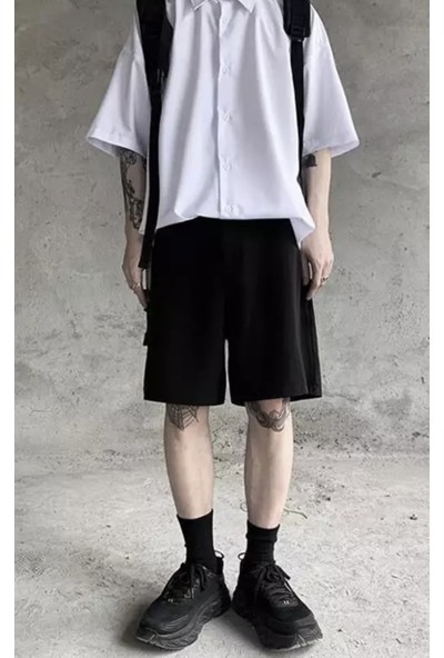 Amor Man Sokak Stili Pamuk Dokuma Oversize Çift Cep Hıp Hop Kadın Bermuda Şort