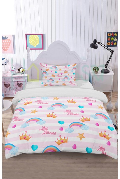 Homessa Gökkuşağı Prenses Taç Kalp Desenli Çocuk Nevresim Takımı