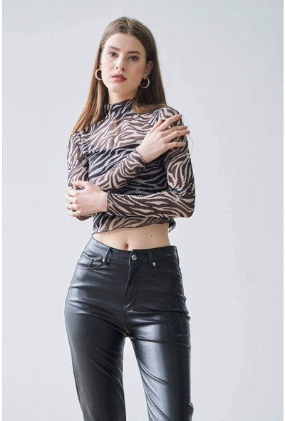 Hn Tekstil - Renk Zebra Desenli Şifon Bluz - Siyah S