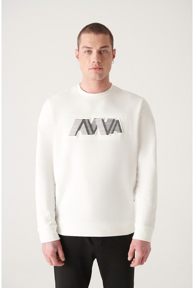 Avva Erkek Beyaz Bisiklet Yaka Baskılı Sweatshirt A21Y1253
