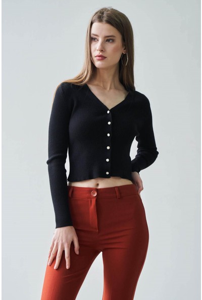 Hn Tekstil - Renk V Yakalı Triko Hırka - Siyah Std