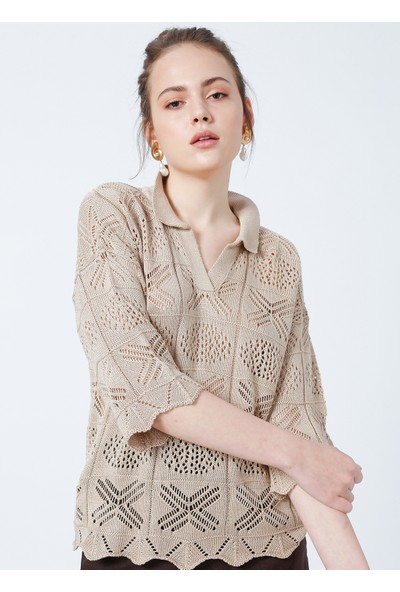 Fabrika Comfort Cm-Michelle Polo Yaka Geniş Fit Ajurlu Bej Kadın Kazak Fabrika Comfort Cm-Michelle Polo Yaka Geniş Fit Ajurlu Bej Kadın Kazak