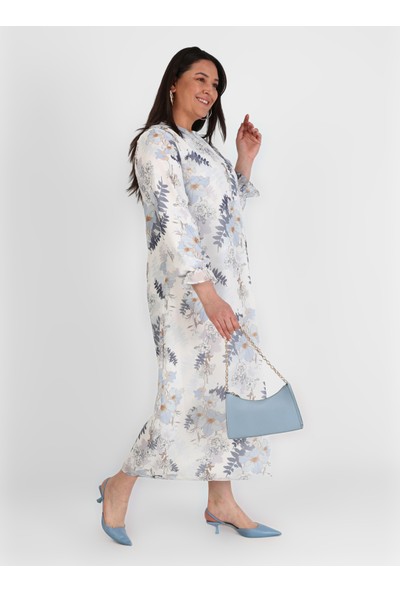 Alia Büyük Beden Çiçek Desenli Şifon Elbise - Ekru Mavi - Alia Alia Büyük Beden Çiçek Desenli Şifon Elbise - Ekru Mavi - Alia