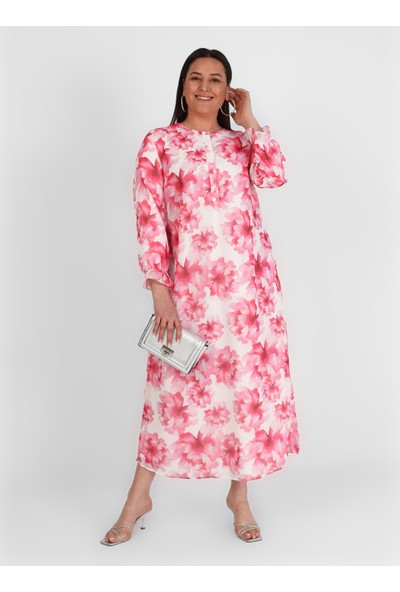 Alia Büyük Beden Çiçek Desenli Şifon Elbise - Pembe - Alia
