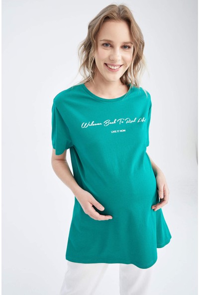 DeFacto Regular Fit Bisiklet Yaka Baskılı Kısa Kollu Hamile Tişört X5483AZ22SM