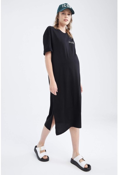 DeFacto Regular Fit Bisiklet Yaka Yırtmaç Detaylı Hamile ELBISE X5990AZ22SM