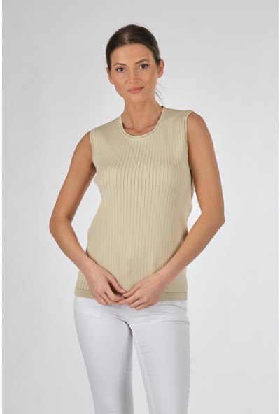 Desen Yuvarlak Yaka Kolsuz Kum Kadın Penye 22122360