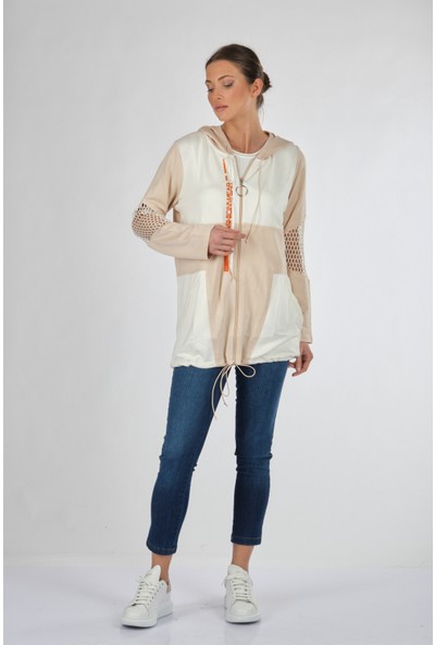 Vedi Kapüşonlu Kol Detaylı Uzun Kollu Bej Kadın Ceket 22122801