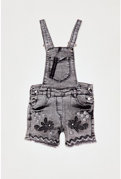 FullaModa Çiçek Nakışlı Şortlu Kot Salopet FullaModa Çiçek Nakışlı Şortlu Kot Salopet