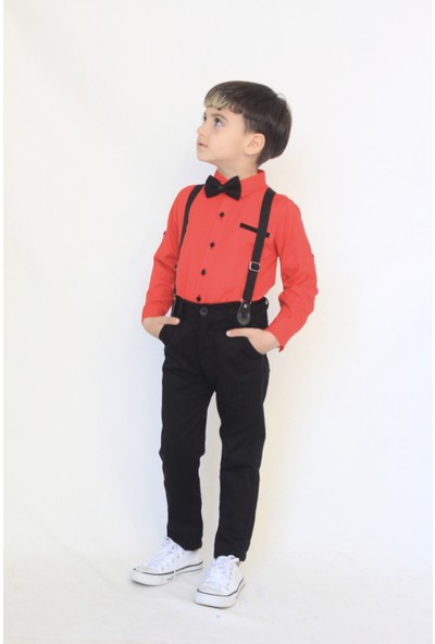 Erkek Çocuk Gömlekli Askılı Takım Kırmızı 7271-