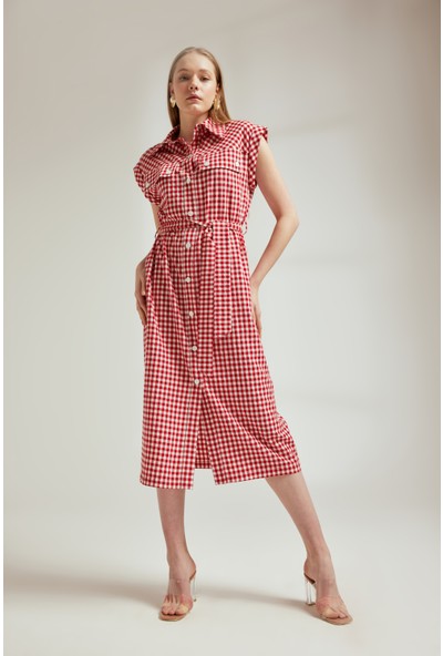 Naar Düz Yaka Kareli Düşük Kol Kırmızı Kadın Elbise 22141117