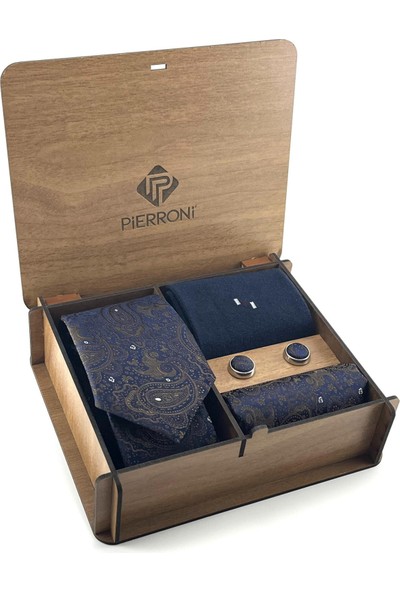 Pierroni Kahve Lacivert Şal Desen Kravat Mendil Kol Düğmesi Çorap Özel Set
