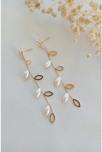 Armerdo Kadın Gold Inci Detaylı Uzun Çelik Küpe