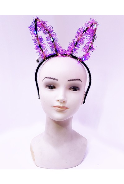 LED Işıklı Püsküllü Siyah Renk Tavşan Tacı 21X17 cm