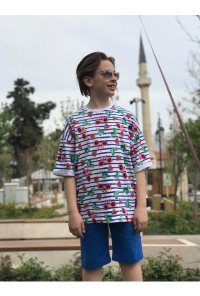 Erkek Çocuk Karpuz Baskılı Kot Kapri Kombinli Alt Üst Takım