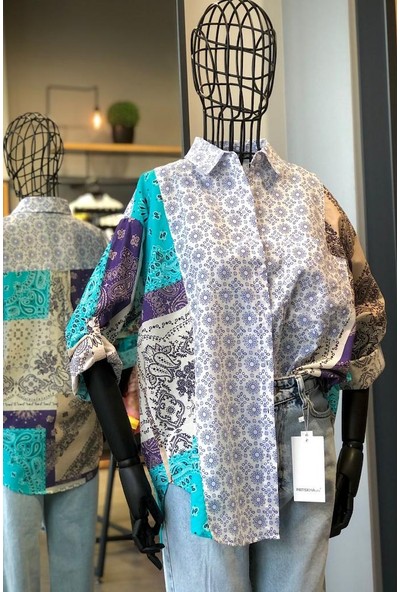 Furkan Exclusive Kadın Vintage Desenli Boyfriend Salaş Gömlek