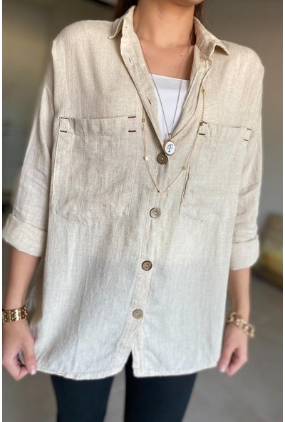 Furkan Exclusive Kadın Taş Ahşap Düğmeli Pamuk Keten Gömlek %65 Pamuk %35 Keten