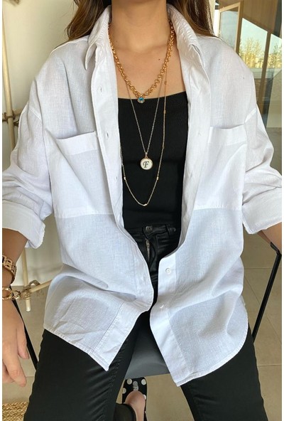 Furkan Exclusive Kadın Çift Cepli %25 Keten %75 Pamuk Basic Gömlek