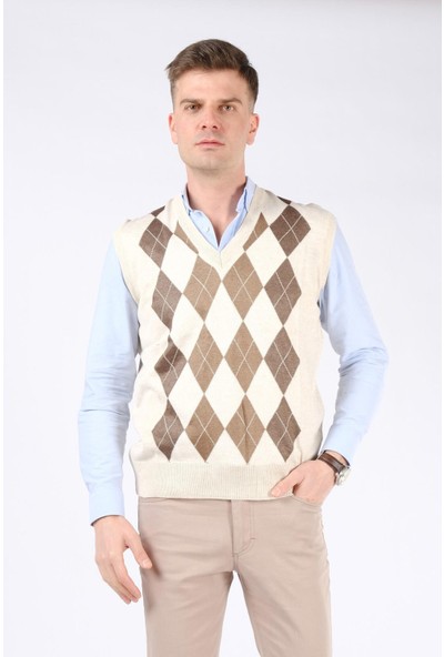 Erkek V Yaka Baklava Desen Süveter Taş Erkek V Yaka Baklava Desen Süveter Taş