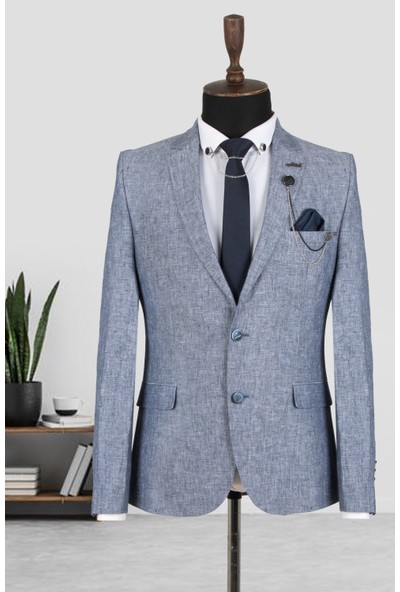 Deepsea Mendilli Çift Yırtmaç Dar Kesim Ham Keten Erkek Blazer Ceket 2202270