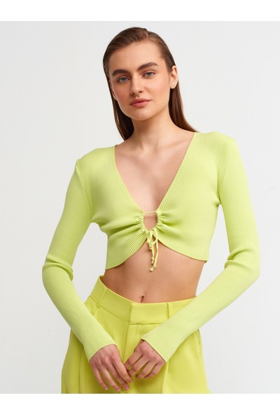 Dilvin 60133 V Yaka Önü Bağcıklı Triko Hırka-Lime