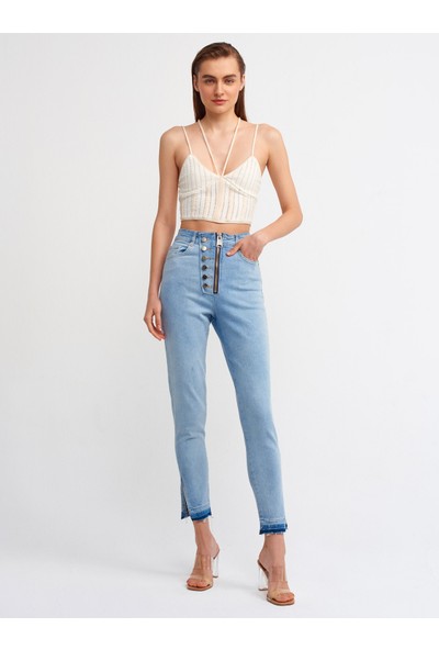70267 Kalın Fermuarlı Paçası Izli Jean Pantolon-Mavi