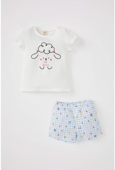 DeFacto Kız Bebek Regular Fit Bisiklet Yaka Desenli Pamuklu Kısa Kollu Şort Pijama Takım X6474A222SM