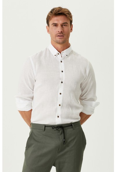 Comfort Fit Beyaz Keten Gömlek