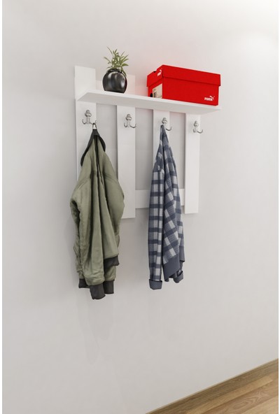 Furny Vestiyer Portmanto ve Duvar Askısı Raflı Beyaz