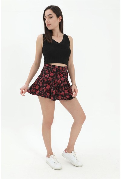 Vapur Çiçek Desenli Şort Etek - Siyah