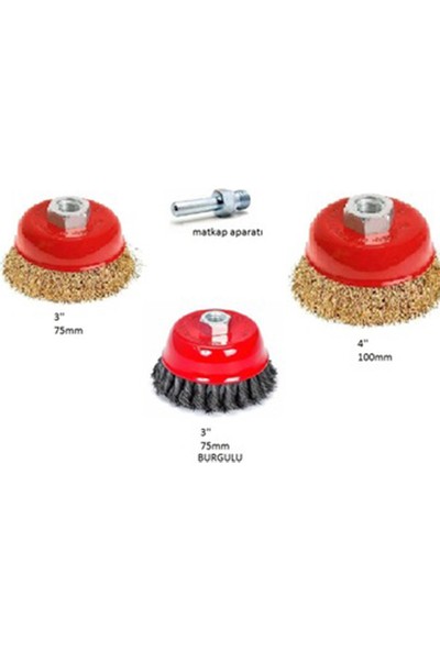 Bay-Tec 4 Parça Çanak Tel Fırça Set 75MM ve 100MM Saçaklı Çanak Tel Fırça Burgulu Saçaklı