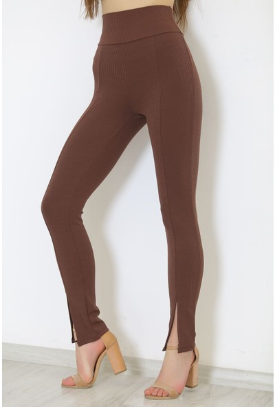 Fitilli Paça Yırtmaçlı Tayt Kahve