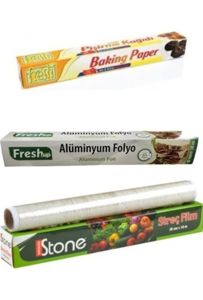 Fresh Up Ekonomik 3'lü Mutfak Set Streç Film + Pişirme Kağıdı + Alüminyum Folyo Fresh Up Ekonomik 3'lü Mutfak Set Streç Film + Pişirme Kağıdı + Alüminyum Folyo