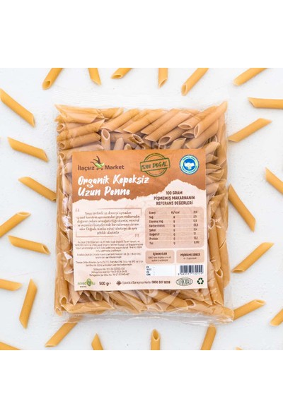 İlaçsız Market Organik Kepeksiz Uzun Penne Makarna / 500 gr