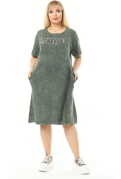 Mia Butik Büyük Beden Haki Yuvarlak Yaka Yıkamalı Elbise