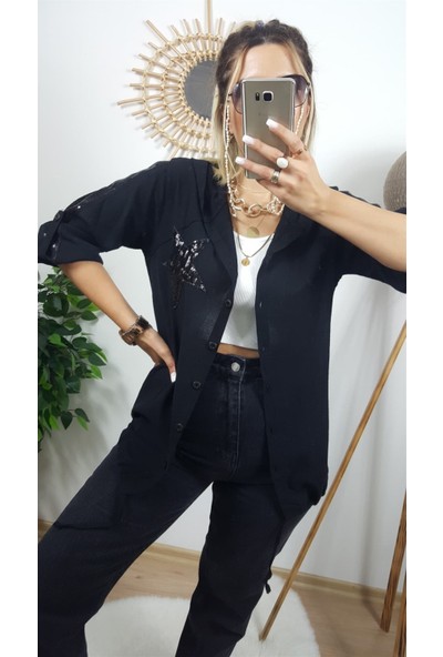 Butik Duru %100 Pamuk Keten Siyah Gömlek