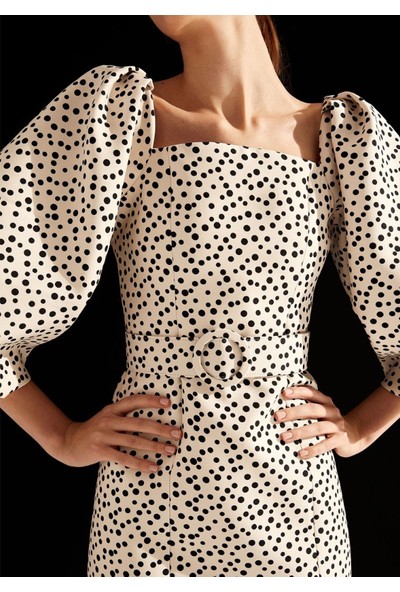 Exquise-Balon Kol Kemerli Midi Elbise Ekru